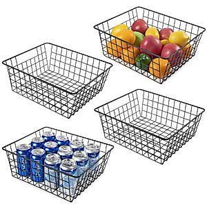 Wire Storage Baskets for Organizing, Vtopmart 4 Pack Metal Wire Freezer Organizer Bins with Handles, Large Pantry Baskets for Kitchen Cabinets, Bathroom, Laundry, Garage, Black