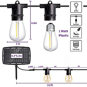 51FT Solar String Lights Outdoor Waterproof, 17PCS Edison Patio Lights Solar Powered Outdoor String Lights with Shatterproof for Patio, Backyard, Party, Garden (Warm White)