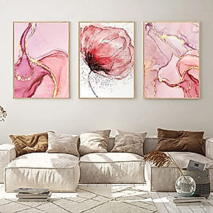Pink Marble Abstract Wall Art Gold Foil Marble Painting Pink Flower Artwork Gold Pink Poster Prints Modern Marble Bathroom Decor Wall Art Pink and Gold Wall Decor for Living Room 16x24inch Unframed
