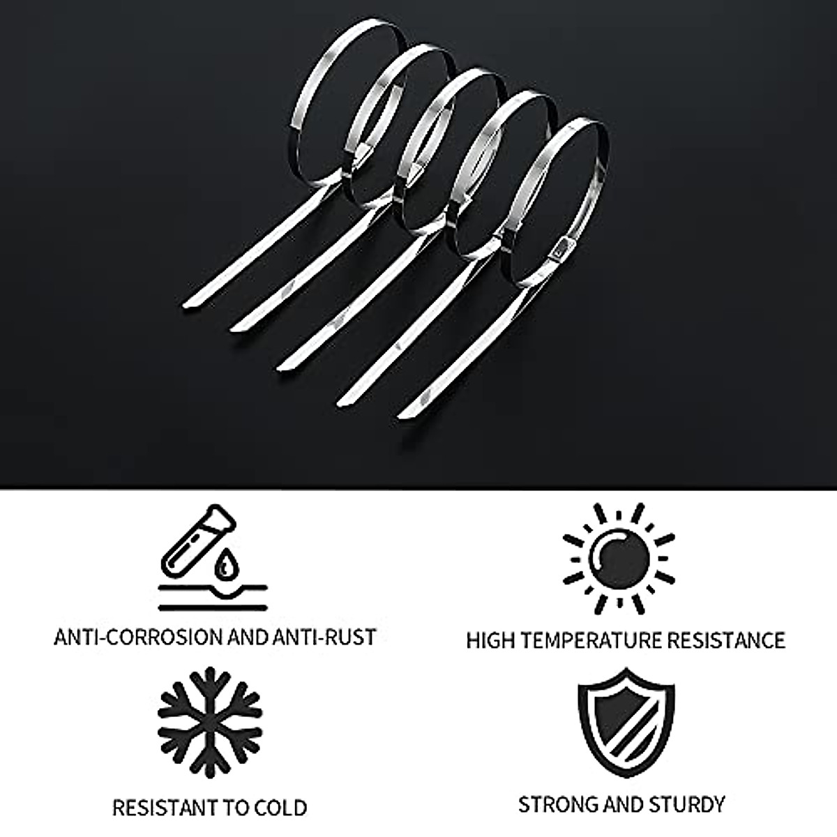 Metal Zip Ties 11.8 inch 100pcs 304Stainless steel Heavy duty Multi-purpose Self-locking Cable Ties Suitable for in machinery, vehicles, farms, pipes, roofs,cables, as well as Outdoor binding