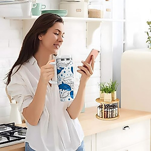 DIGTIA Stainless Steel Insulated Tumbler w/Handle & Straw, Blue White Whales Double Wall Vacuum Travel Coffee Mug Cup w/Lid, Leak-Proof Sports Ocean Water Bottle,30oz