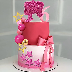 36 PCS Hot Pink Girl Cake Topper Balls Cake Decorations with Pink and Gold Balls Shiny Stars for Wedding Baby Shower Anniversary Girl Birthday Themed Party Supplies (Stars)