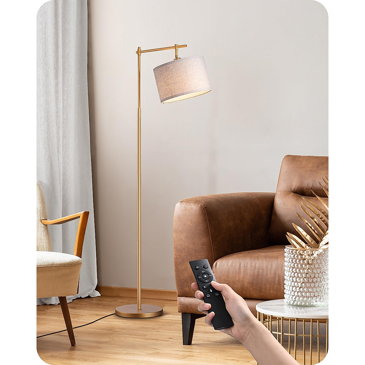 EDISHINE Dimmable Floor Lamp, Standing Lamp with Remote Control, E26 Socket, ACR Floor Lamp with Beige Shade for Bedroom, Living Room, Office, LED Bulb Included (Modern-Gold)