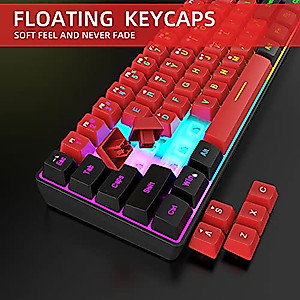 Snpurdiri 60% Wired Gaming Keyboard,True RGB Mini Keyboard, Waterproof Small Compact 61 Keys Keyboard for PC/Mac Gamer, Typist, Travel, Easy to Carry on Business Trip(Black-Red)