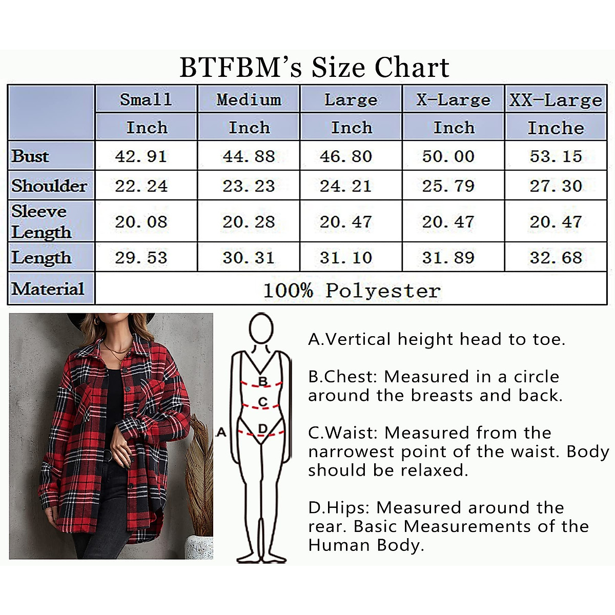 BTFBM Women's Long Sleeve Button Down Jackets Plaid Flannel Shirts Tops Casual Lapel V Neck Oversized Shackets Blouses Top (X-Large, Plaid Print Red)