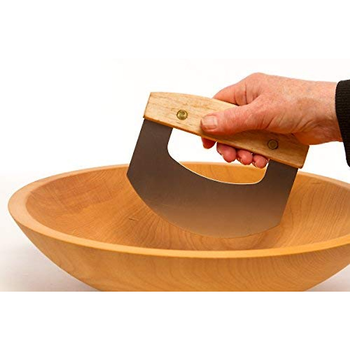 EZ Hold Wooden Chopped Salad Bowl 12" with Matching Maple Handled Mezzaluna