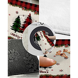 Indoor Doormat Xmas Tree Winter Snow,Shaggy Floor Mat with Non-Skid Backing Pine Cones Red Black Buffalo Check,Machine Washable Plush Area Rug Carpets for Kitchen Nursery Bedroom 16x24in