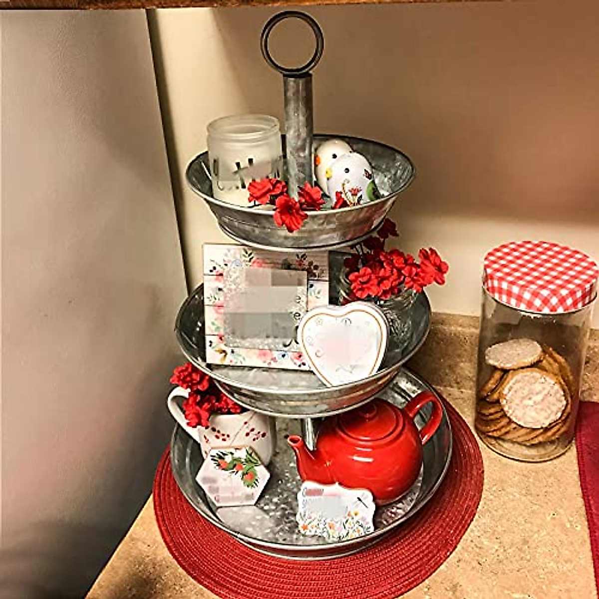 ELLDOO 3 Tier Serving Tray, Farmhouse Metal Tiered Galvanized Serving Tray Stand for Kitchen Dining Party and Wedding Decor, Rustic Home Organizer Tray for Storage Cupcake Dessert Fruit