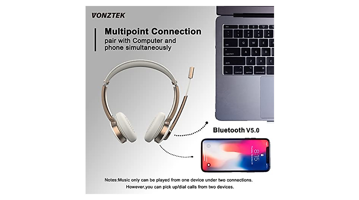 Vonztek Bluetooth Headset with Noise Cancelling Mic - 26Hr Battery
