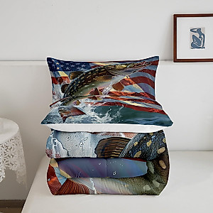 Feelyou American Flag Big Pike Fish Comforter Set Bass Big Fish Bedding Set for Kids Boys Girls Hunting Fishing Comforter Soft Quilt Set Twin Size
