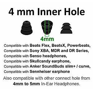 A-Focus 9 Pairs Noise Isolation Triple Three Flange Ear Tips Buds Plugs Gels Bud with 4mm Inner Hole for Inside Diameter 4mm-4.8mm Earbuds in-Ear Earphones, S/M/L Black White
