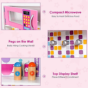 Fireflowery Kids Kitchen Playset, Wooden Cookware Set with Removable Sink, Pegs on The Wall, Microwave,Top Display Shelf, Play Kitchen for Toddlers 3+ (Pink)