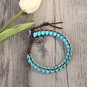 KELITCH New Turquoise Bracelets Skull Beaded Wrap Bracelet on Brown Leather Bracelets Handmade Jewelry