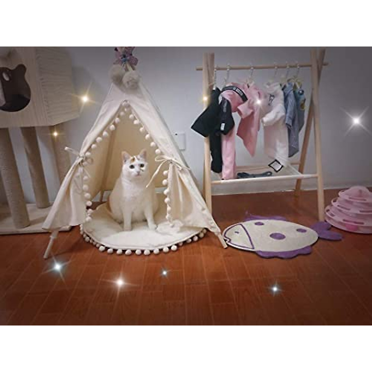 awagas Garment Rack with 6Pcs Pearl Hangers for Pets/Dolls/Baby，Wooden Kids Baby Clothing Rack Storage Shelf Small Clothes Rack Baby Clothes Rack 29.53" Hx 20.47" W x11.81 D for Baby Toddler Doll Pet