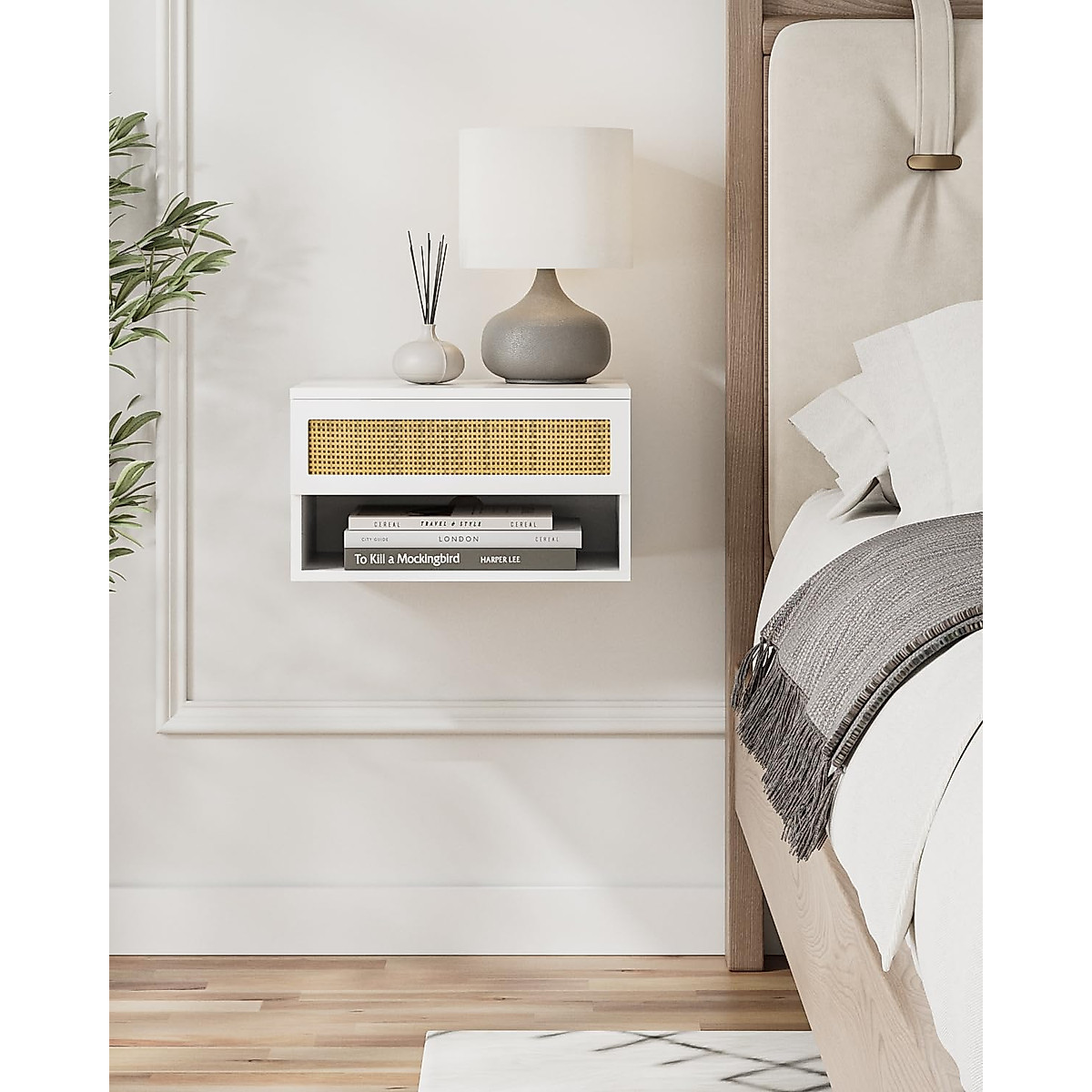 Floating Nightstand, Small Modern Floating Nightstand with Drawer, Floating Shelves for Bedroom, Bathroom (White Rattan)