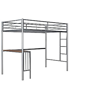 BOVZA Twin Size Loft Bed with Desk, Metal Bed Frame with Ladder and Guardrails, for Kids Teens Adults, Silver