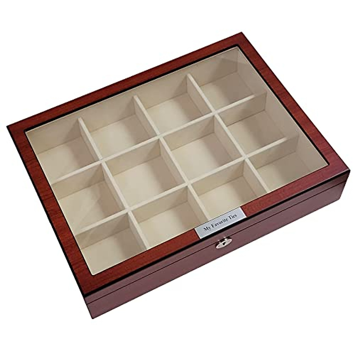 TIMELYBUYS Personalized Display Case for 12 Ties, Belts, and Accessories Cherry Wood Storage Box