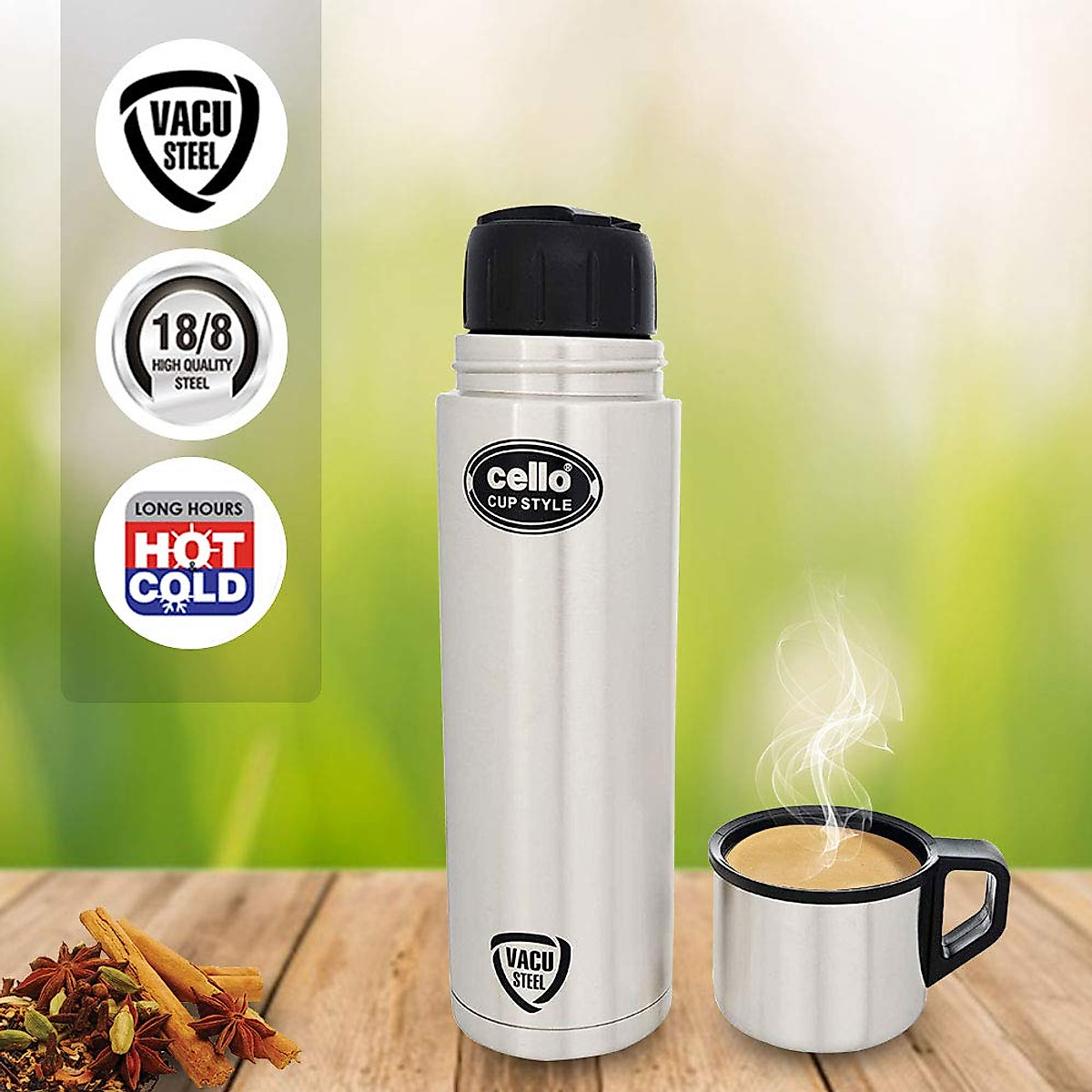 Cello Cup Style Stainless Steel Flask, Silver (Silver, 1 LTR)