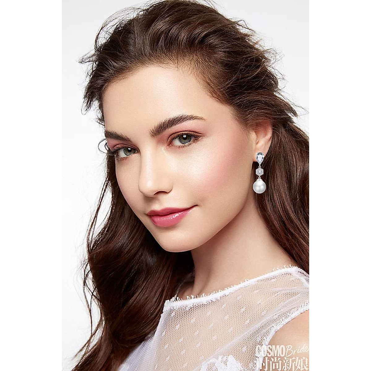 Cubic Zirconia Simulated Shell Pearl Earrings Dangle for Women, Platinum Plated Rhinestones Pearl Earrings Dangling,Bridal Pearl Earrings Drop for Wedding, Brides, Bridesmaid.