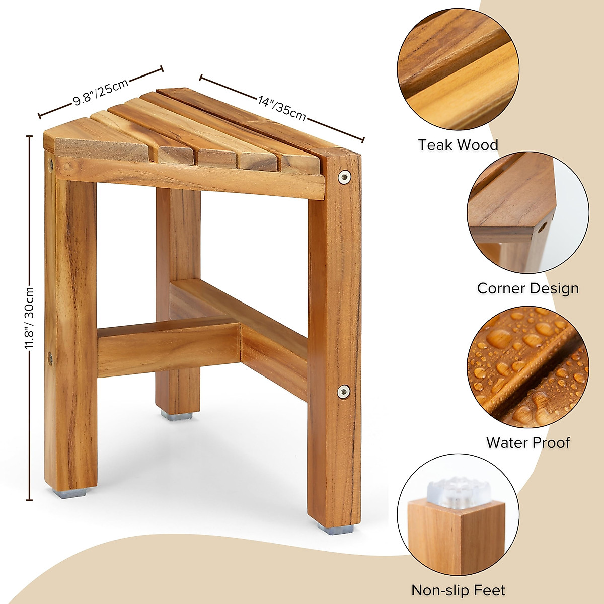 PERFNIQUE Teak Shower Stool, Teak Shower Bench, 12'' Shower Stool for Shaving Legs, Spa Foot Rest for Inside Shower, Organizer Teak Stool, Waterproof Small Corner Bench for Bathroom Livingroom (12'')