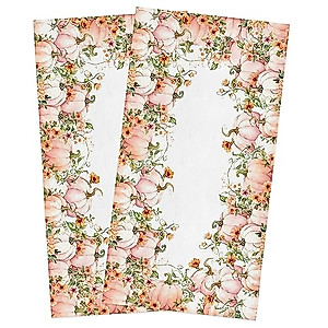 Segard Kitchen Towels Dish Towel Set of 2,Thanksgiving Pink Gradient Pumpkins Absorbent Hand Towels Cleaning Dishcloth Tea Towels,Fall Watercolor Farm Flowers Reusable Drying Dish Cloths