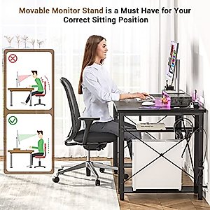 armocity Computer Desk with LED Lights, 48 Inch Desk with Power Outlet and USB, Reversible Large Desk with Moveable Monitor Stand, 48'' Gaming PC Table for Home Office, Workstation, Grey and Black