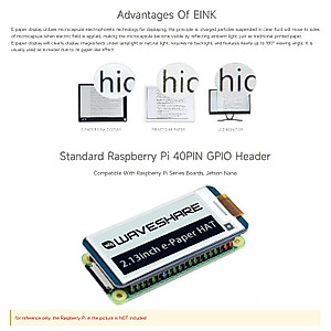 waveshare 2.13inch E-Ink Display HAT V4 Version Compatible with Raspberry Pi Raspberry Pi 5/4B/3B/Zero/Zero W/Zero 2W/Pico/Pico W/Pico WH, 250x122 Resolution SPI Interface Supports Partial Refresh