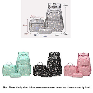 NIWEIYA 3-piece Daisy Print Girls' Backpack Waterproof Children's Schoolbag Set Student Daily Lunch Bag (Pink)