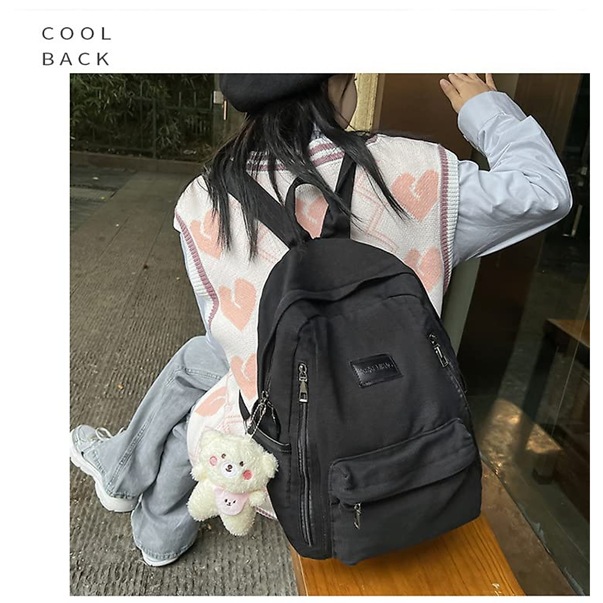 Kawaii Backpack with Kawaii Pin and Accessories, Aesthetic Minimalist Backpack Canvas School Casual Daypacks for Teens Girls (Black)