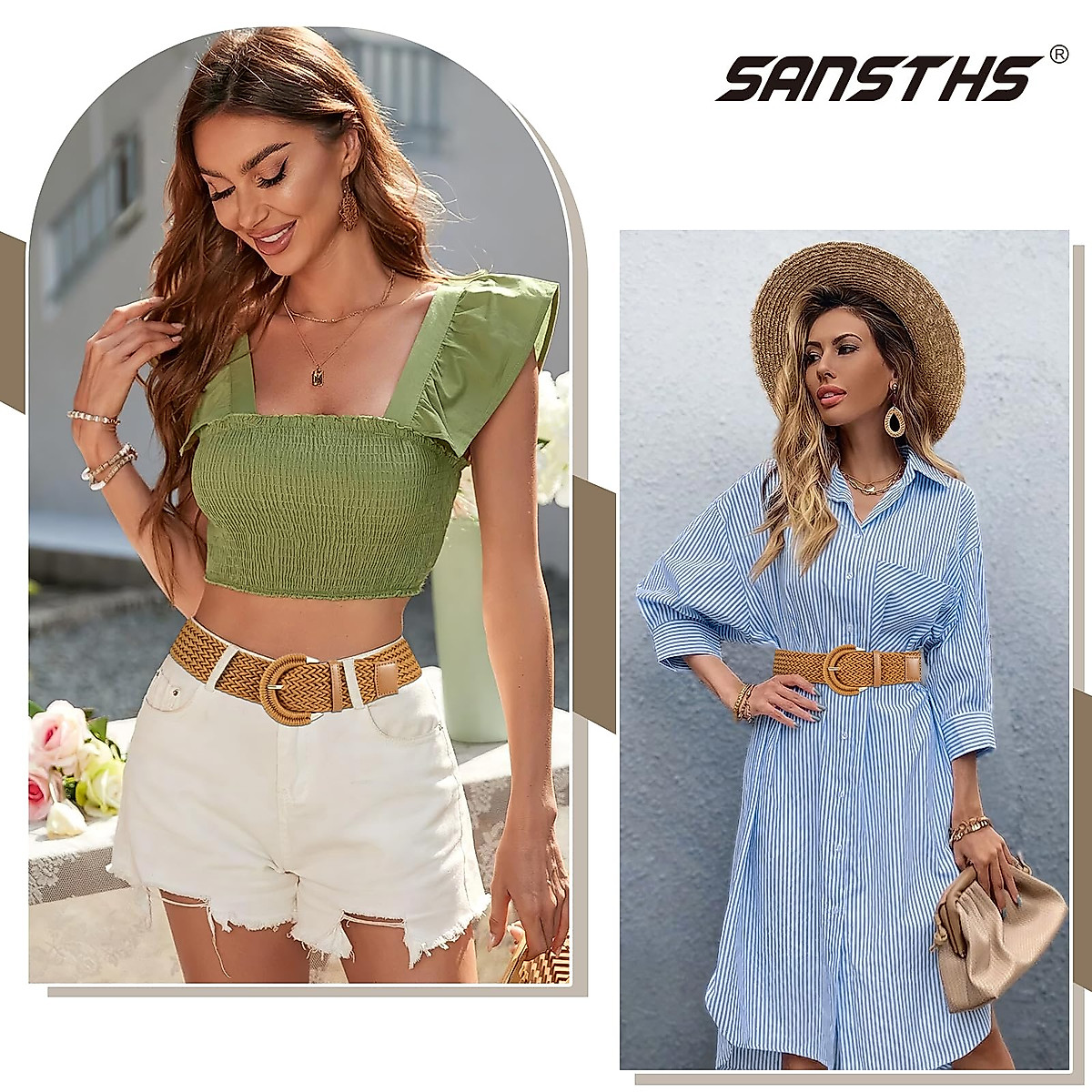 SANSTHS Women Braided Rattan Wide Belt Woven Waist Belt With Half-Circle Buckle for Summer Dress Jeans Pants,brown,M