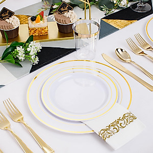 WDF 120 pieces Gold Disposable Plastic Plates - White and Gold Plates Include 10.25" Dinner Plates & 7.5" Salad Plates for Weddings and Party