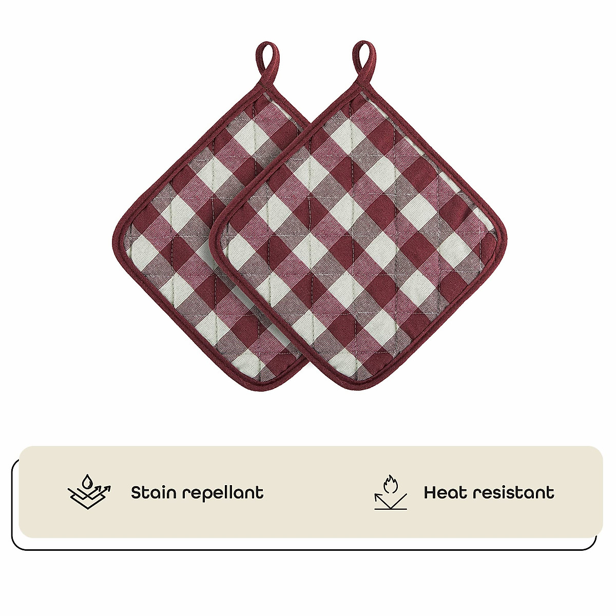Buffalo Check Pot Holders, 2 Pack, Burgundy - 8" x 18" - Quilted Trivet Pot Holders are Heat Resistant, Machine Washable & Stain Repellant - Non-Slip for Pots & Pans by Achim Home Decor