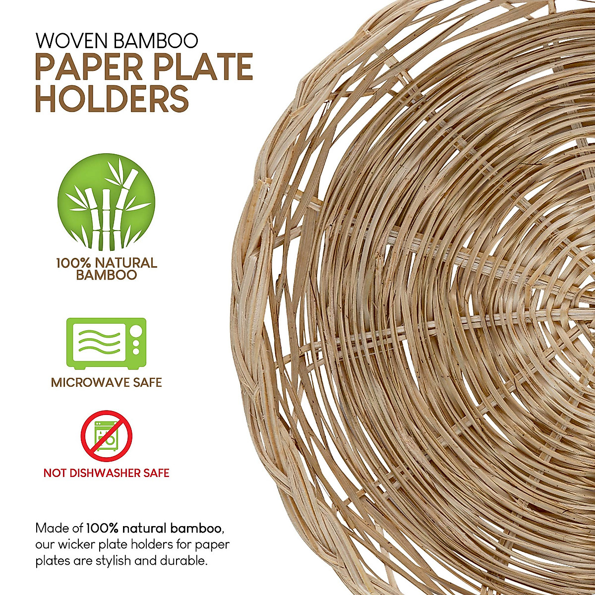 Stock Your Home 10-Inch Bamboo Paper Plate Holder (4 Count) - Heavy Duty Wicker Reusable Natural Charger Plates