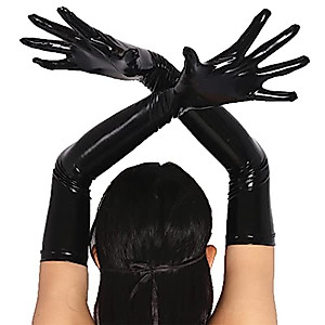 Luwint Women Long Leather Gloves, Black Wet Look Latex Gloves for Costume Dress Opera Party