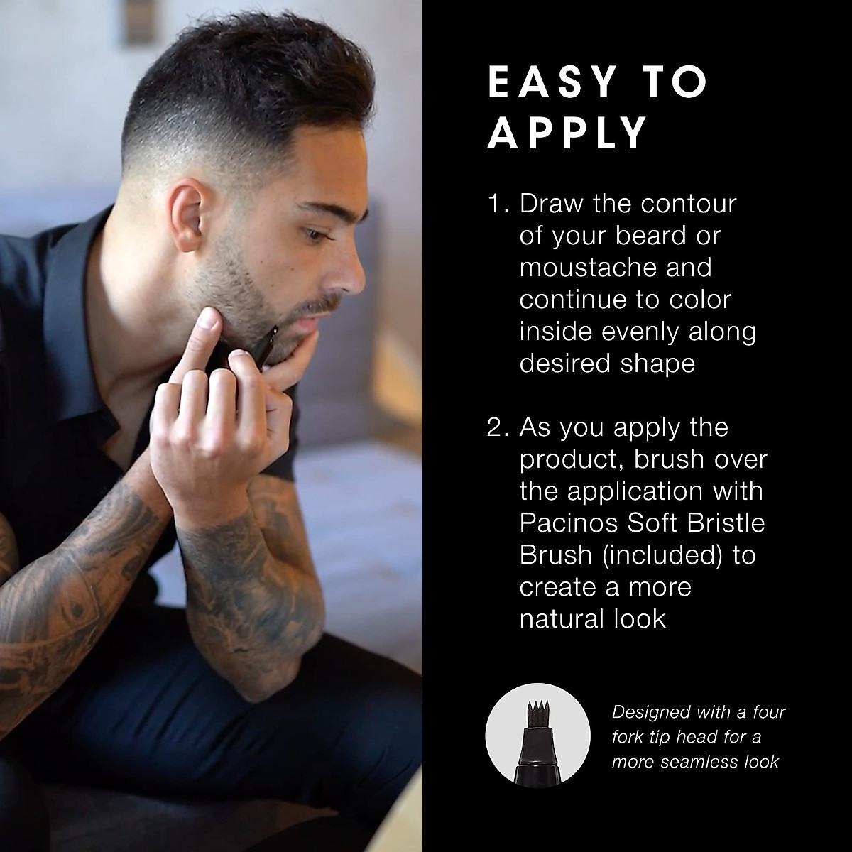 Pacinos Beard Pencil Filler - Water Proof, Long Lasting Coverage & Natural Finish - Beard, Moustache & Eyebrows - Micro-Fork Tip for Seamless Application - Bristle Brush Included (Dark Brown)