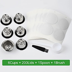 Reusable Capsules for Nespresso OriginalLine, 6pcs Refillable Espresso Pods Stainless Steel Coffee Pods Compatible for Nespresso Original Line Machines (6 Cups + 200 Lids)