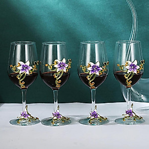 Handmade Enamel Flower Crystal Wine Glasses, Gin Balloon Glasses for Women, Birthday, Valentine Day, Mother's Day, Christmas Gift, Wedding, Party (Purple Lily Cup)