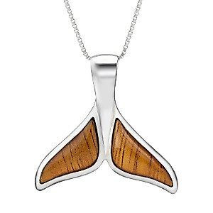 925 Sterling Silver Koa Wood Hawaiian Whale Tail Necklace Pendant with 18" Box Chain, Nickle Free Hypoallergenic for Sensitive Skin, Ocean Sea Life, Gift Box Included (Y Whale Tail - large)