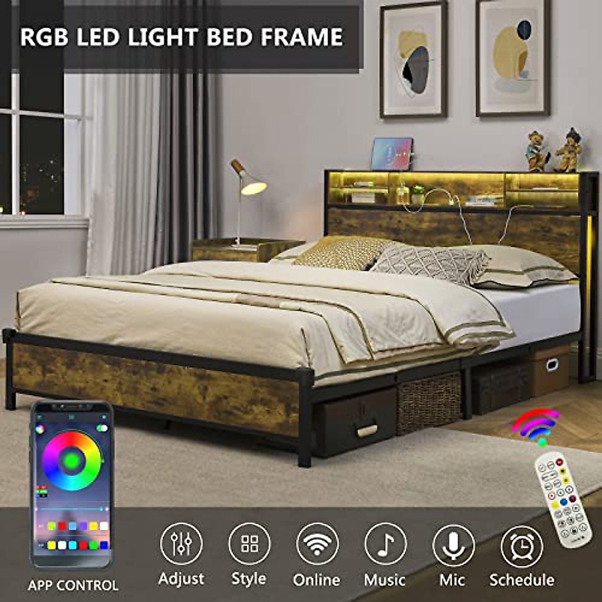 Alohappy Full Size Bed Frame with Led Bookcase Headboard and Charging Station，Metal Platform Bed Frame with RGB Light Strips, Sturdy and No Noise Easy Installation No Box Spring Needed