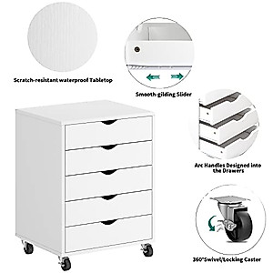 YITAHOME 5-Drawer Chest, Wood Storage Dresser Cabinet with Wheels, Dressers & Chests of Drawers, Mobile Storage Closet Organizer for Home, Office, Bedroom White