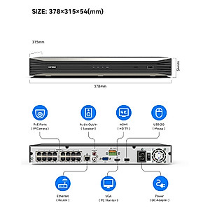H.VIEW (16ch 4K/8mp/6mp/5mp/4mp/3mp/1080p/720p) Network Video Recorder, 16ch (16-Port PoE) nvr- Supports up to 16 x 4K IP Cameras, Hard Drive Not Included (Supports up to 2x10 Terabytes HDD)