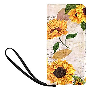InterestPrint Vintage Sunflowers on Postcards Newspaper Women's Zip Wallet Ladies Clutch Travel Purse Wrist Strap, Design #5, 4.13"(L) x 1.02"(W) x 8.31"(H)