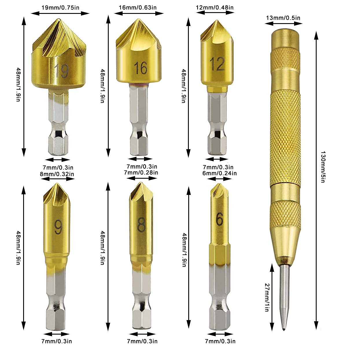 Countersink Drill Bit Set 6 Pcs 5 Flute Counter Sinker Drill Bits and 90 Degree Center Punch Tools HSS 1/4" Hex Shank for Wood Metal Quick Change 6-19mm (7)