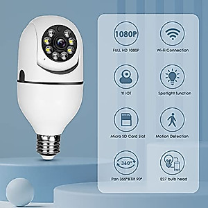 E27 Light Bulb 1080P Security Camera,PTZ 360 Degree Panoramic Wireless Connector with WiFi, Smart Motion Detection and Alarm,Two Way Audio,Remote Viewing with 16GB Memory Card