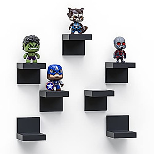 7-Pack Small Floating Shelves for Wall by RicherHouse, Plastic Black Shelf 4 Inch Display Ledges Room Decor, Mini with 2 Types of Installation (Adhesive or Screw)