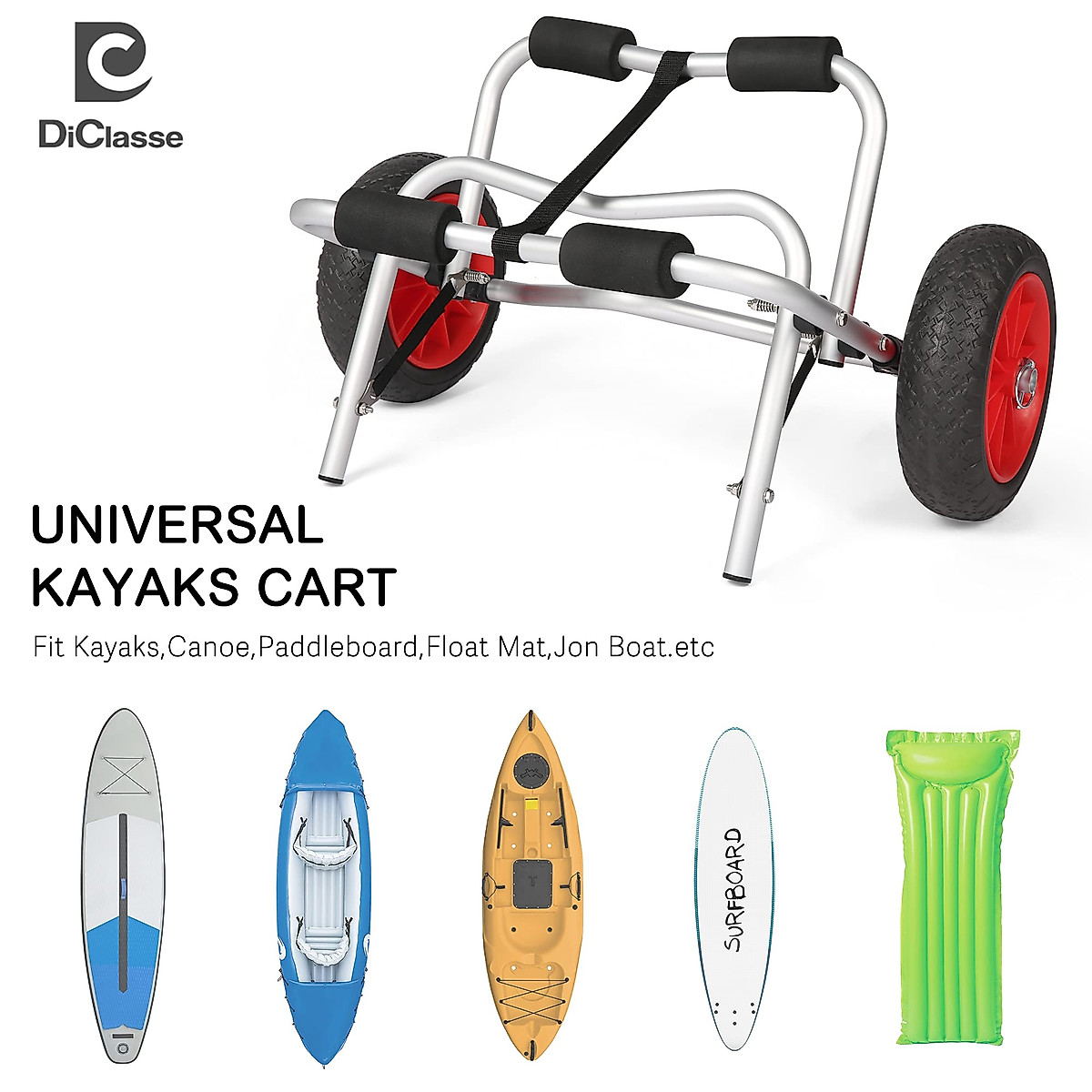 DC DICLASSE Kayak Carts Dolly, Universal Canoes Carrier Trolley with Solid Tires,Trailer Tote Trolley Transport SUP Cart with Ratchet Straps for Jon Boat Paddle Board Float Mats Outdoor Travel