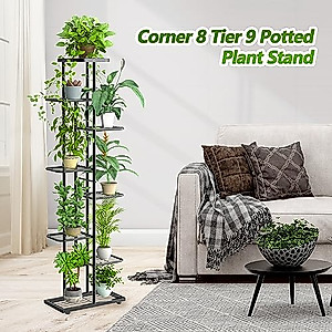 Corner Plant Stand Indoor 8 Tier 9 Potted with Gardening Tools and Gloves, Upgraded Tall Metal Plant Shelf Organizer Outdoor, Multiple Flower Holder Display Rack for Patio, Garden, Balcony, Living Room