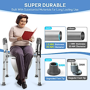 Raised Toilet Seat with Handles, Heavy Duty 500lb Toilet Seat Risers for Seniors, Extra Support Bars for Soft Padded Seat, Adjustable Width & Height Toilet Seat Riser for Disabled-Gray