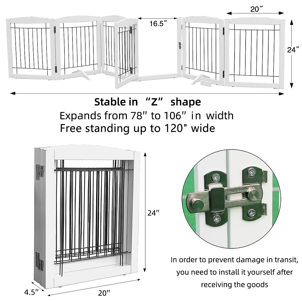 ZJSF Free standing Panel Dog Gate with Door for Indoor,Doorways,House, Hallways,or Stairs Freestanding Foldable Gate for Dog White Wooden Puppy Gate Pet Gate 24''H