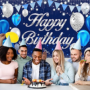 MDCGFOD Happy Birthday Banner - Birthday Decorations for Men Women Boys Girls Blue Sliver Birthday Party Banners Welcome Happy Birthday Background Sign Birthday Theme Party Decorations Indoor Outdoor